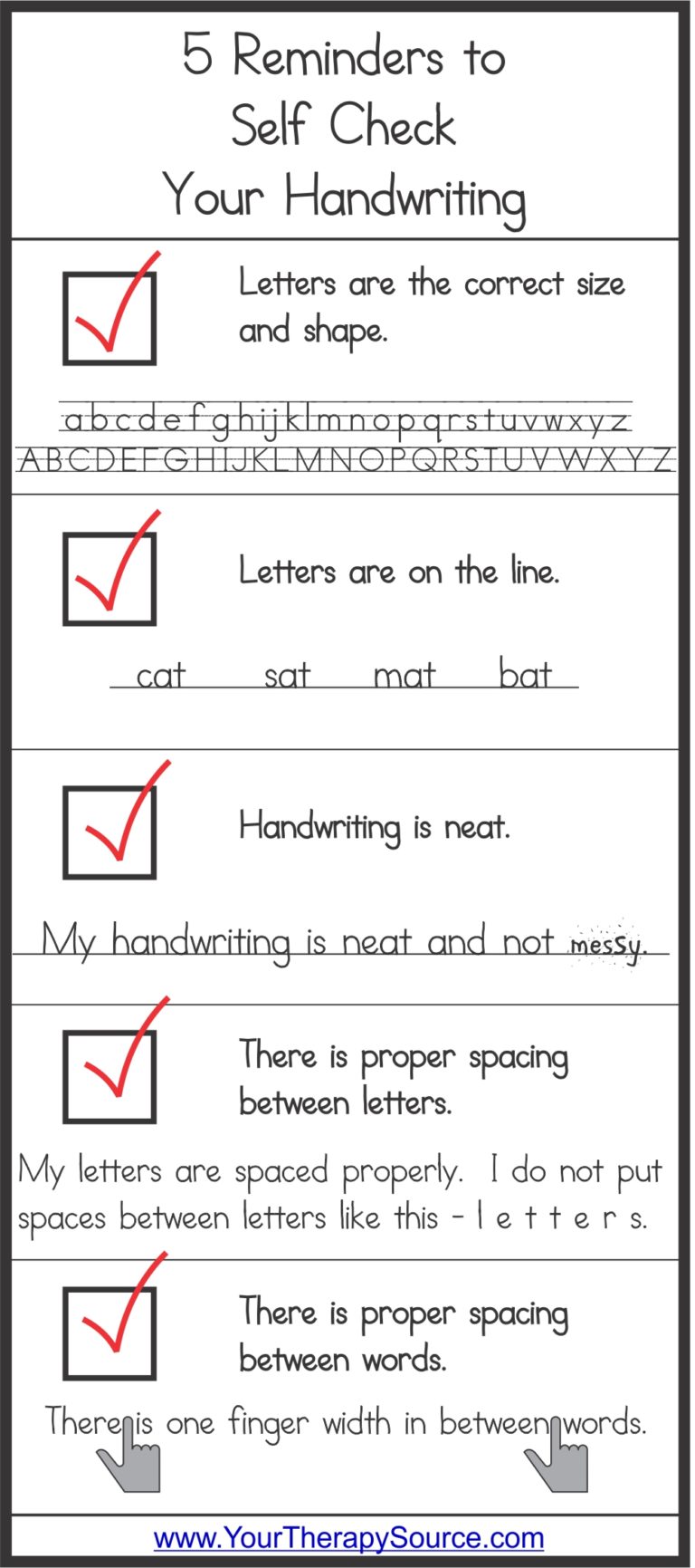 Self Check Handwriting Bookmarks - Your Therapy Source