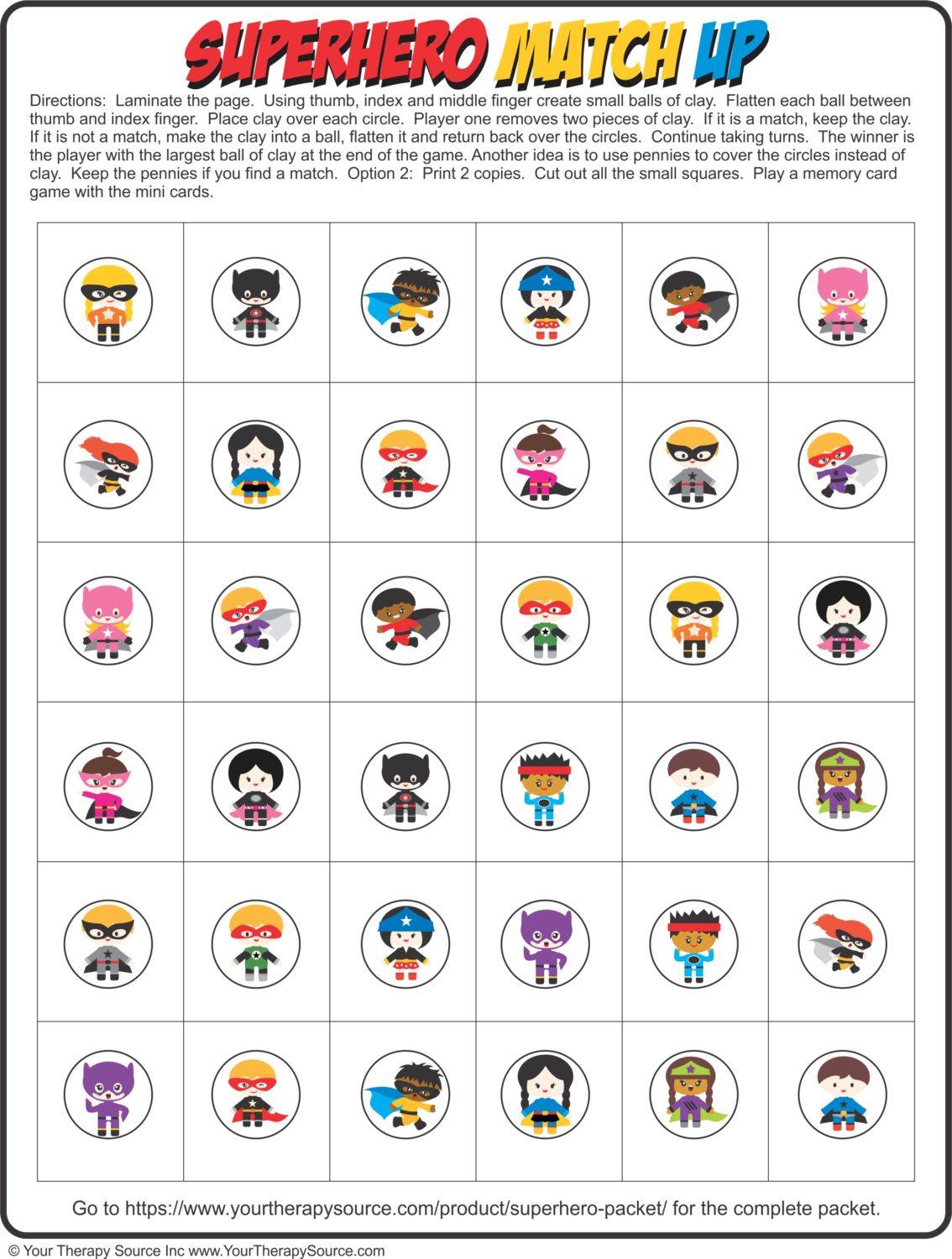 Superhero Match Up Fine Motor and Memory Activity - Your Therapy Source