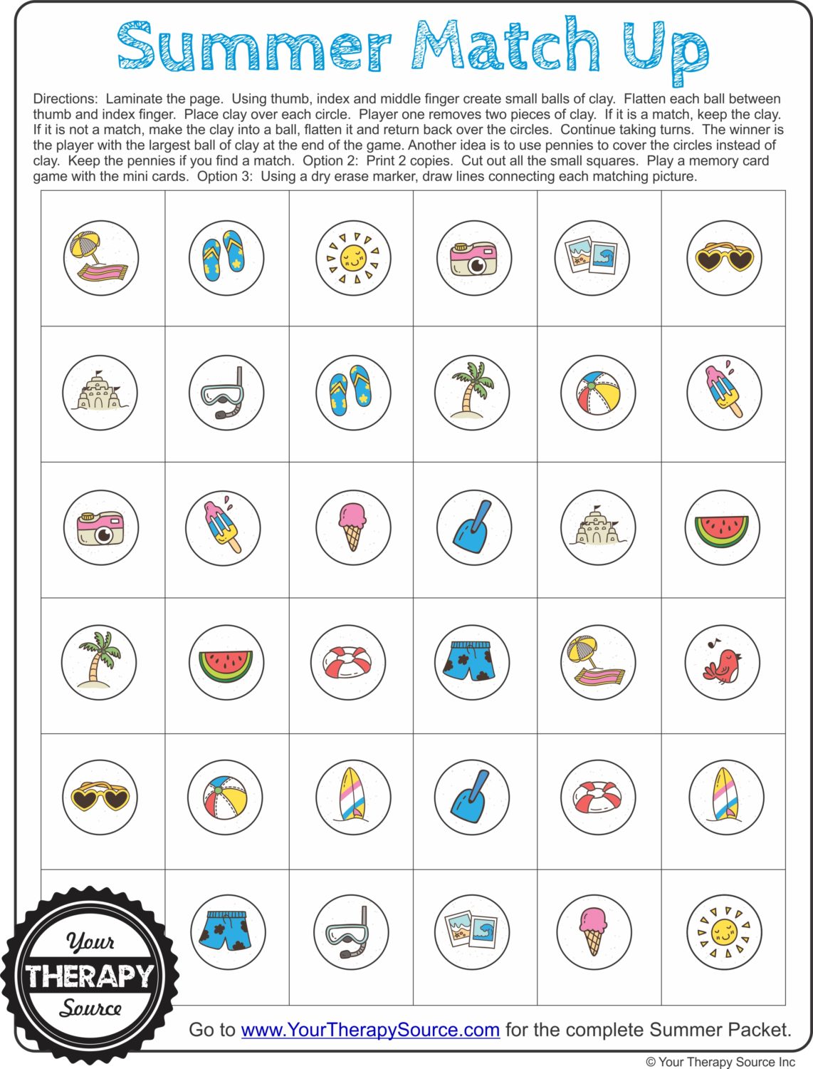 Summer Match Up Fine Motor and Working Memory Activity - Your Therapy ...