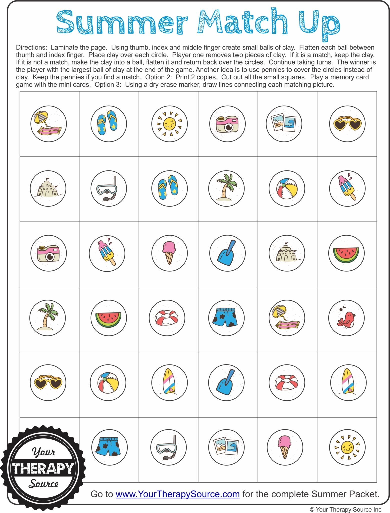 Summer Match Up Fine Motor and Working Memory Activity - Your Therapy ...