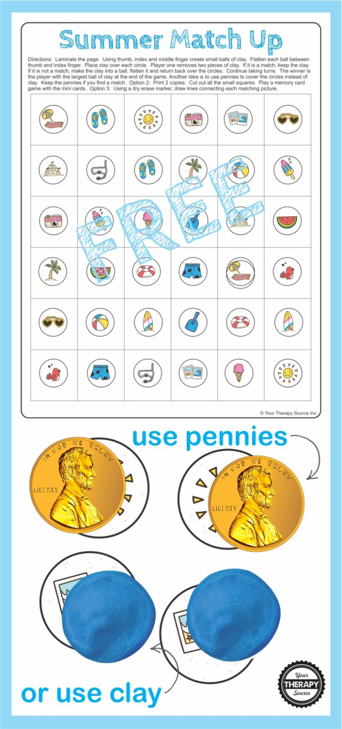 Summer Match Up Fine Motor and Working Memory Activity - Your Therapy ...