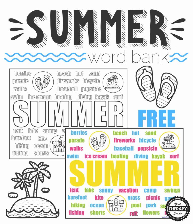 Summer Word Bank Collage - Black and White and Color - Your Therapy Source