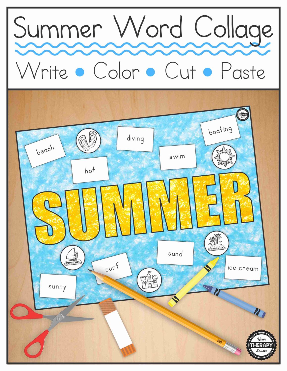 Summer Word Bank Collage - Black and White and Color - Your Therapy Source