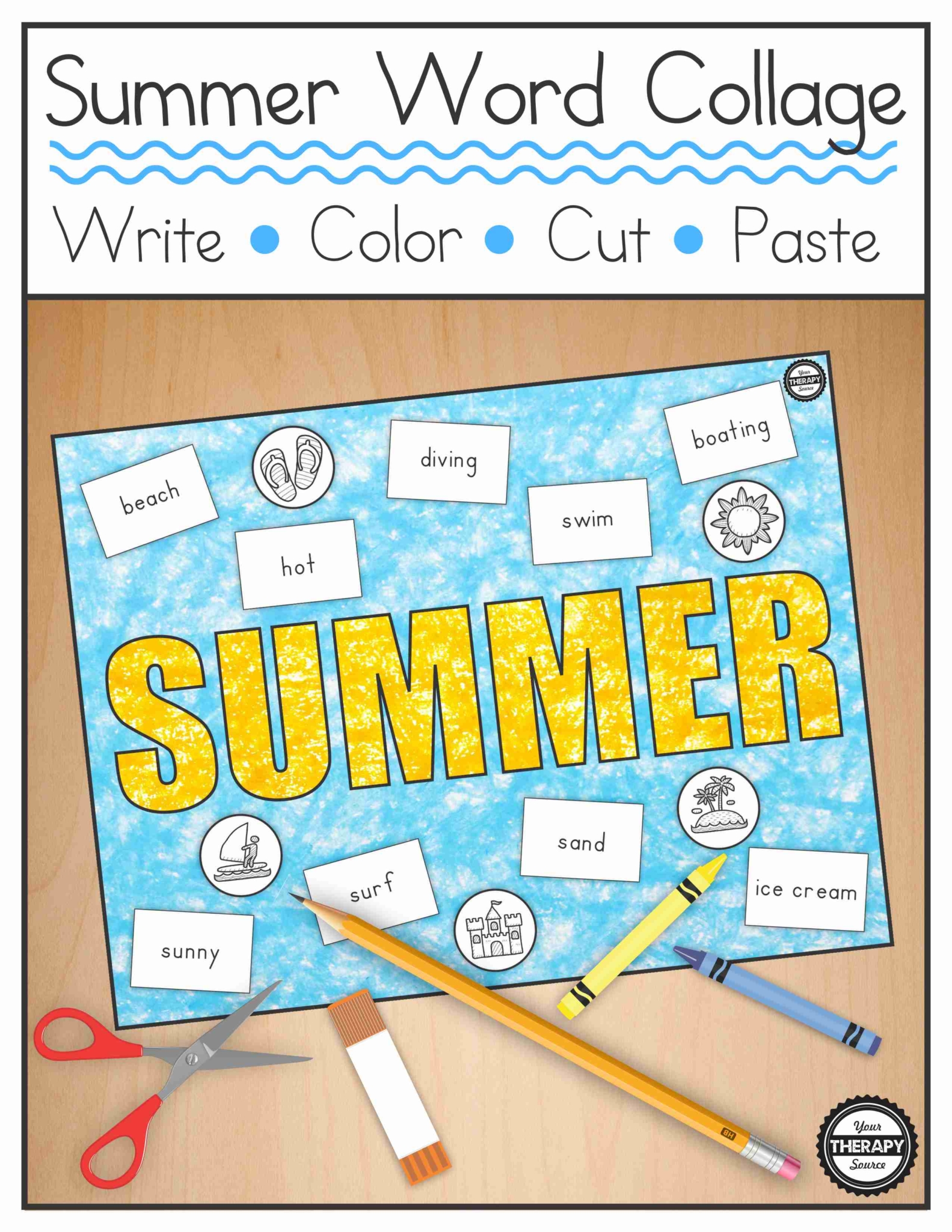 Summer Word Bank Collage - Black and White and Color - Your Therapy Source