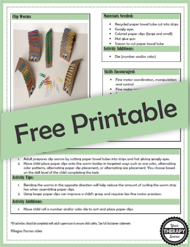 Clip Worm Fine Motor Activity Freebie - Your Therapy Source