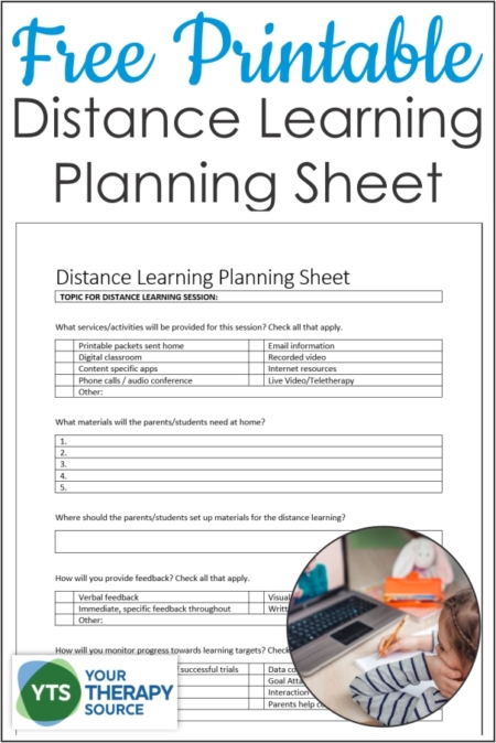 Distance Learning Planning Sheet for Therapists, Teachers and School ...