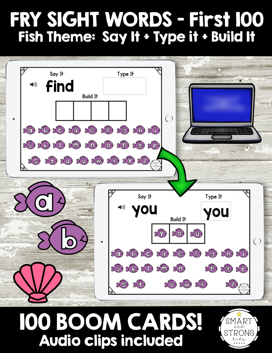 Boom Cards: 100 Fry Sight Words Fish Theme - Say It, Type It, Build It ...