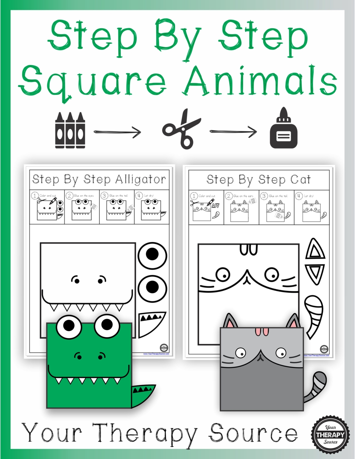 Step By Step Square Animals Scissor Activity - Your Therapy Source