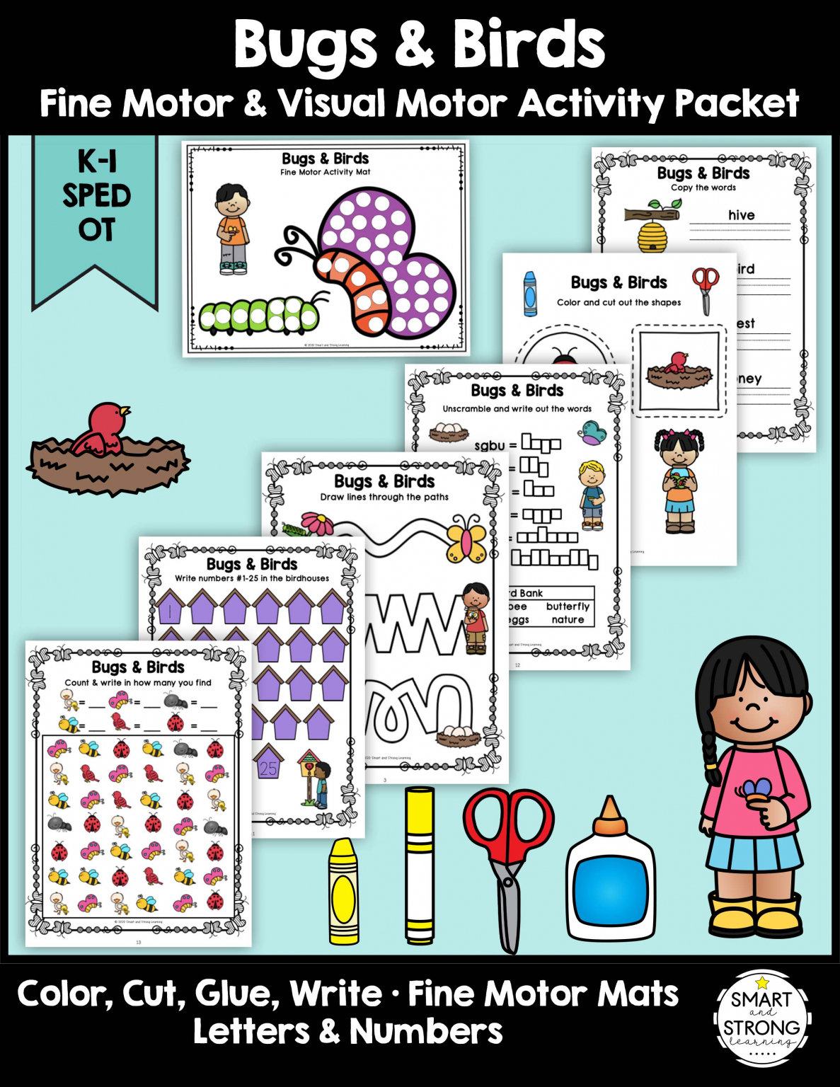 Bugs & Birds Fine Motor Activity Packet - Color, Write, Cut, Glue ...