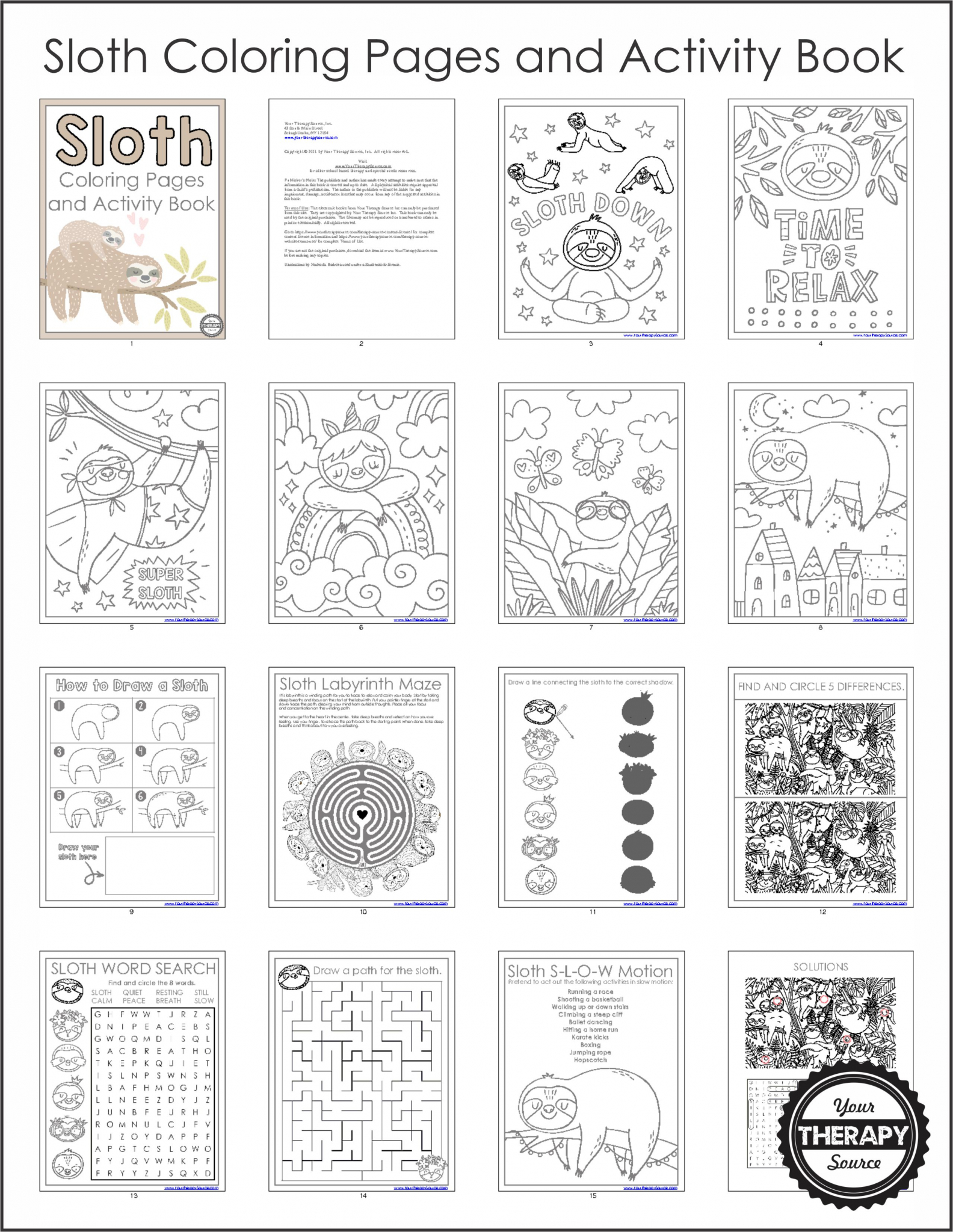 Sloth Coloring Pages and Activity Book - Your Therapy Source