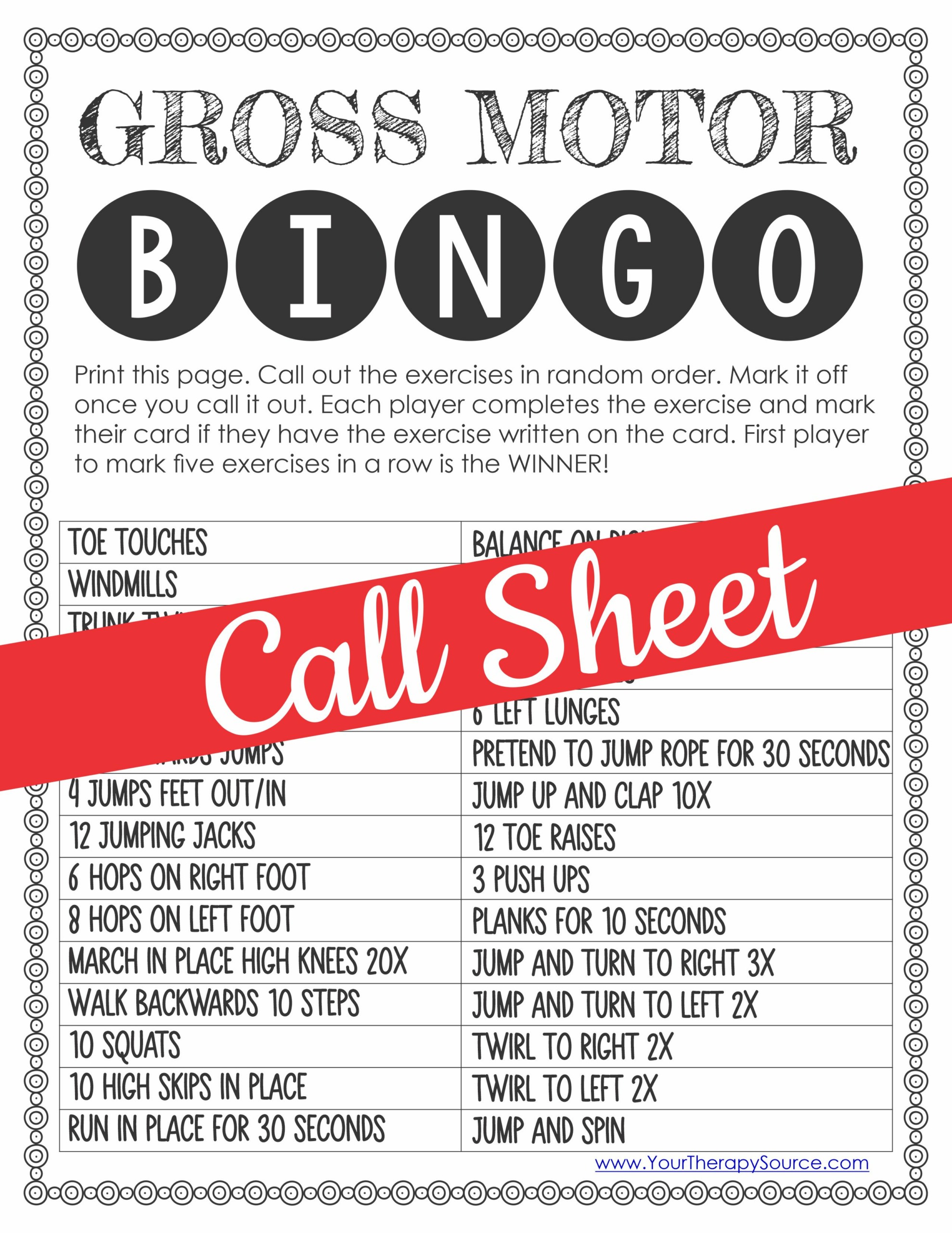 Gross Motor Bingo - PDF Free Printable - Your Therapy Source