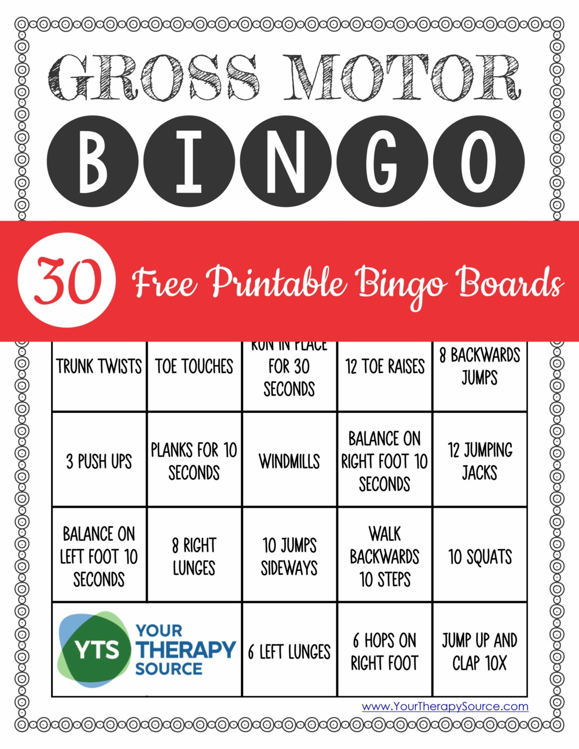 Gross Motor Bingo - PDF Free Printable - Your Therapy Source