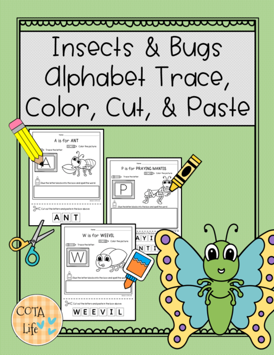 Insect Alphabet Trace Color Cut Paste - Your Therapy Source