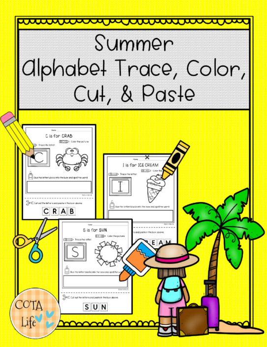 Summer Alphabet Trace Color Cut Paste - Your Therapy Source