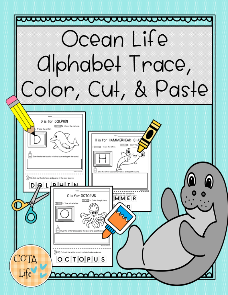 Ocean Animal Alphabet Trace Color Cut Paste - Your Therapy Source