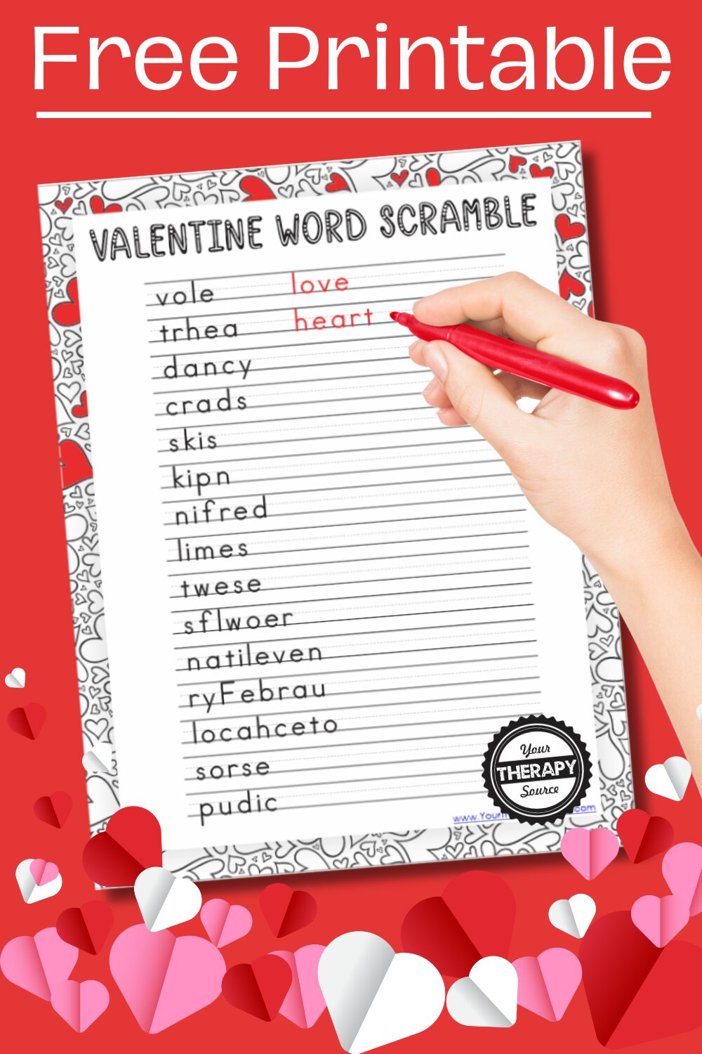 Valentine Word Scramble Free Worksheets - Your Therapy Source