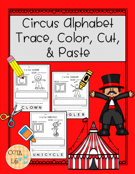 Circus Alphabet Trace Color Cut Paste - Your Therapy Source