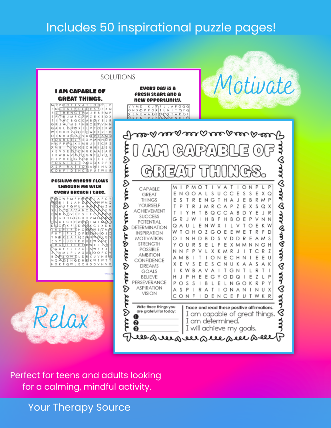 Positive Affirmation Word Search PDF - Your Therapy Source