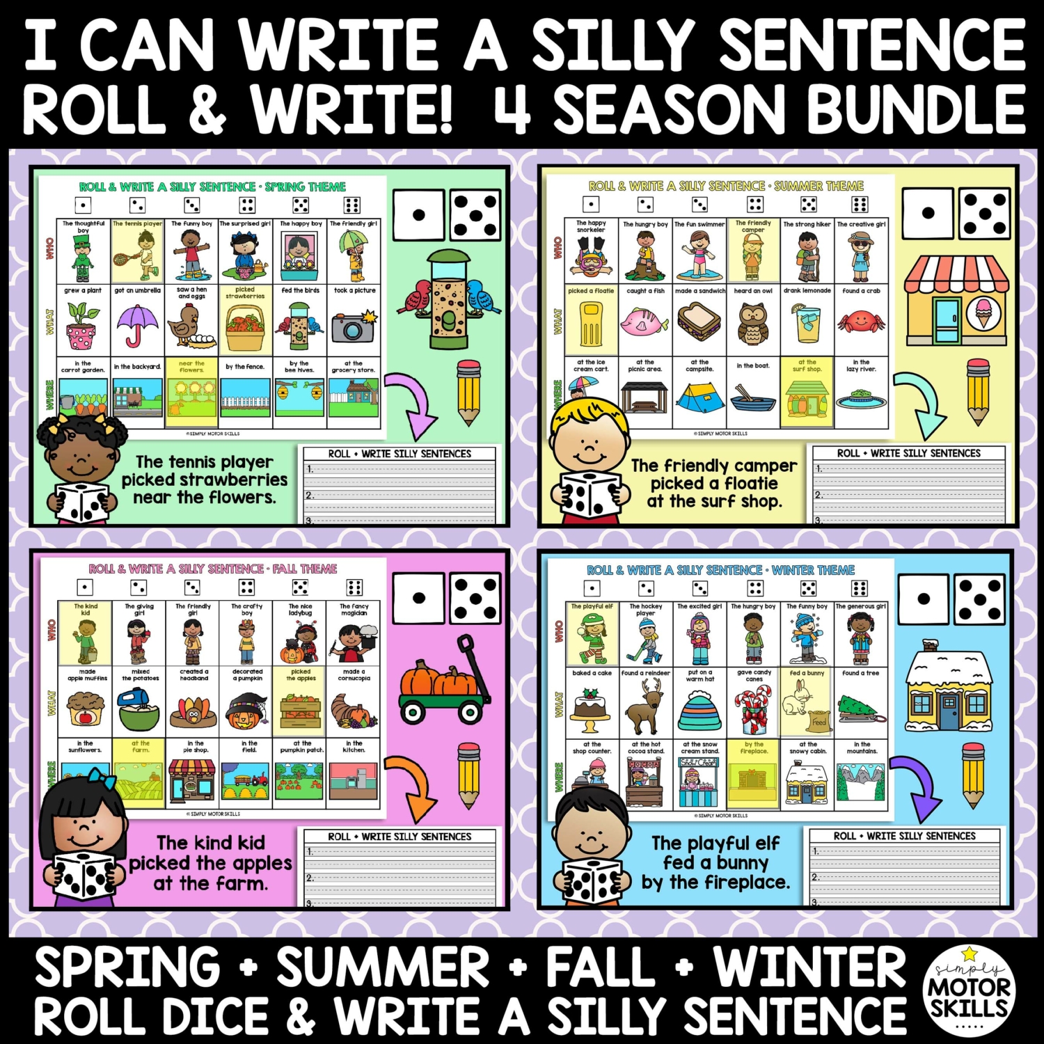 Silly Sentences Roll and Write - Four Seasons - Your Therapy Source