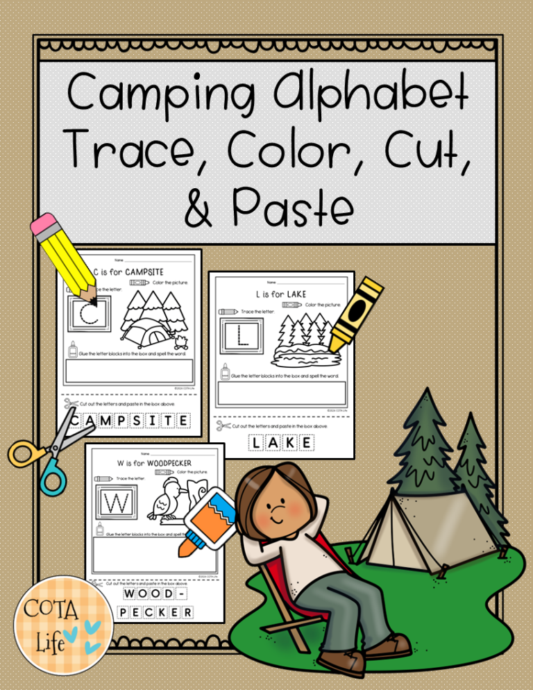 Camping Alphabet Trace Color Cut Paste - Your Therapy Source